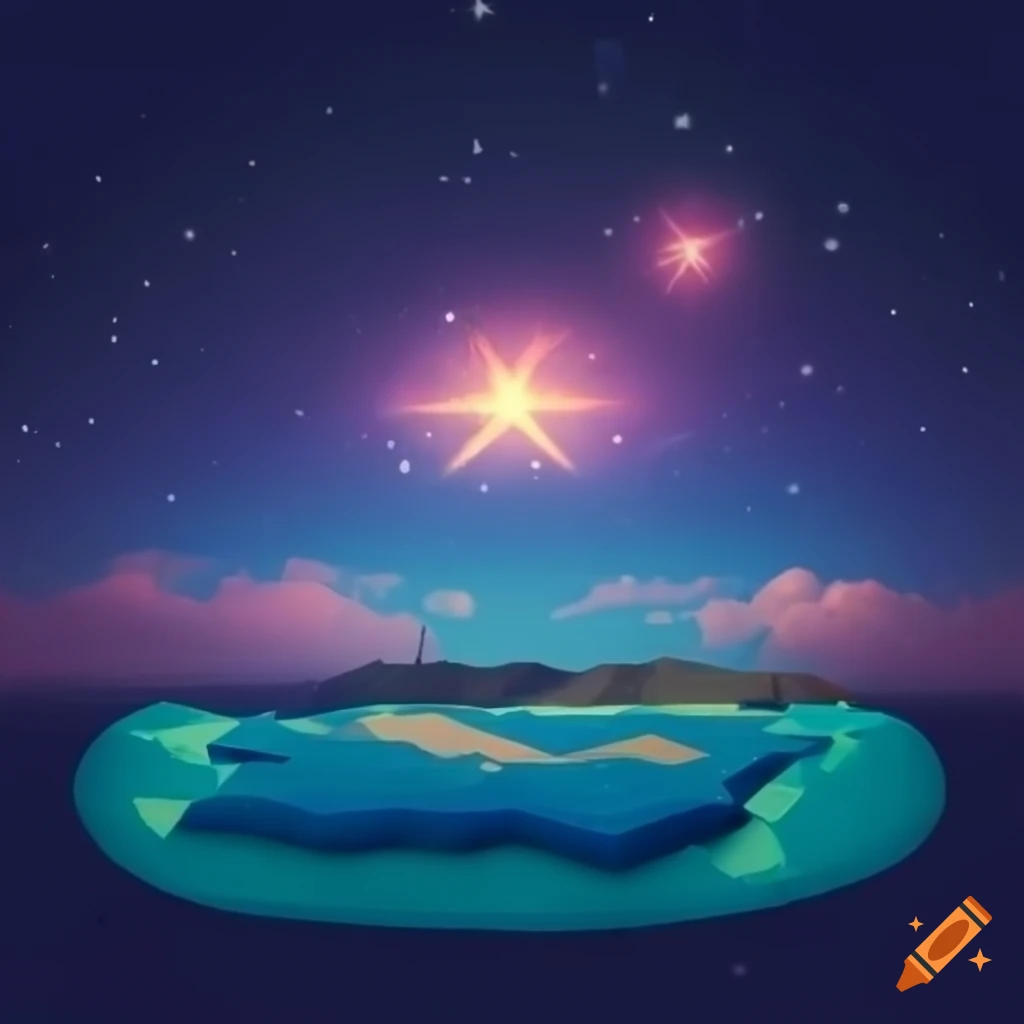 Low poly island scene under a star-filled night sky on Craiyon