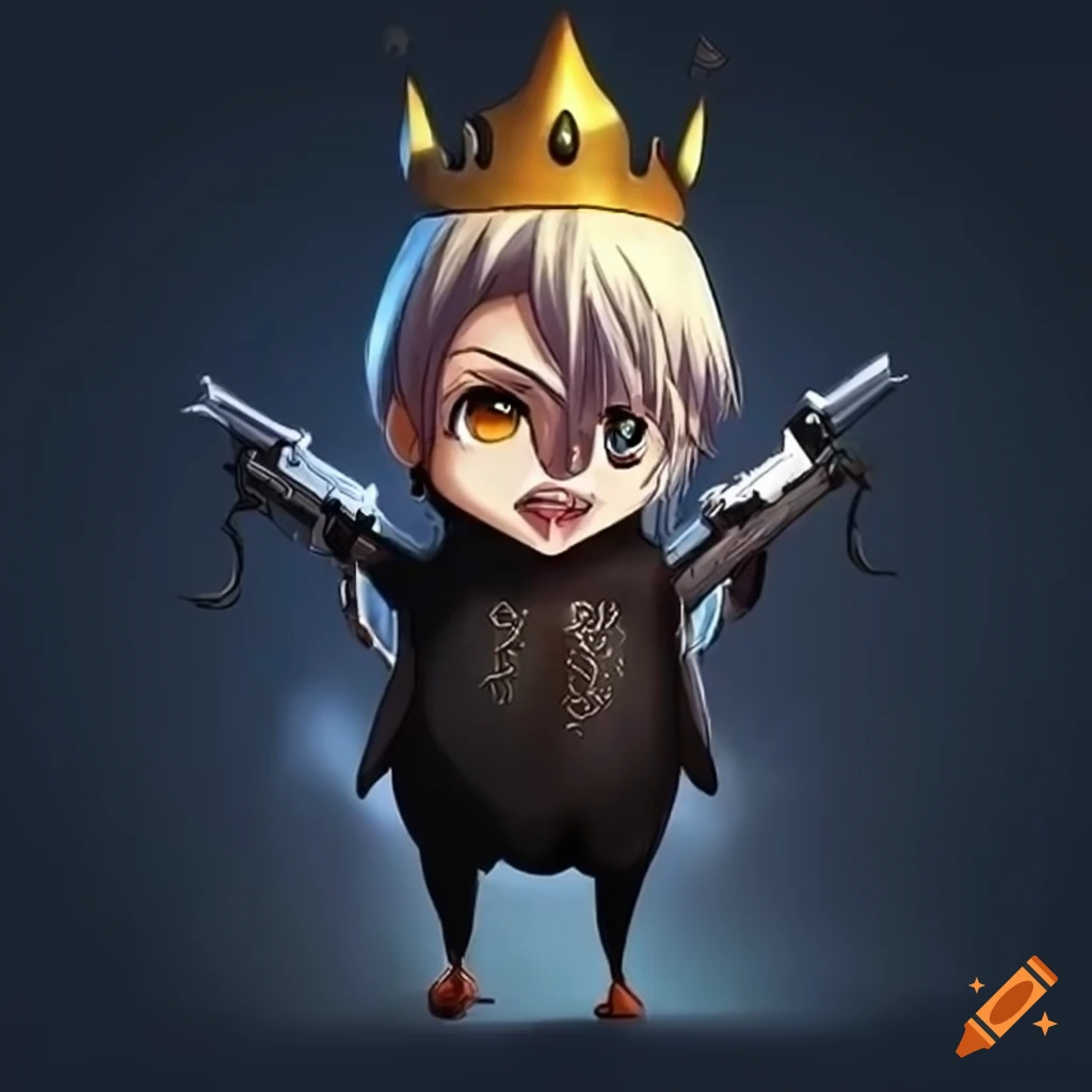 Anime penguin with king-like qualities and big gun on Craiyon