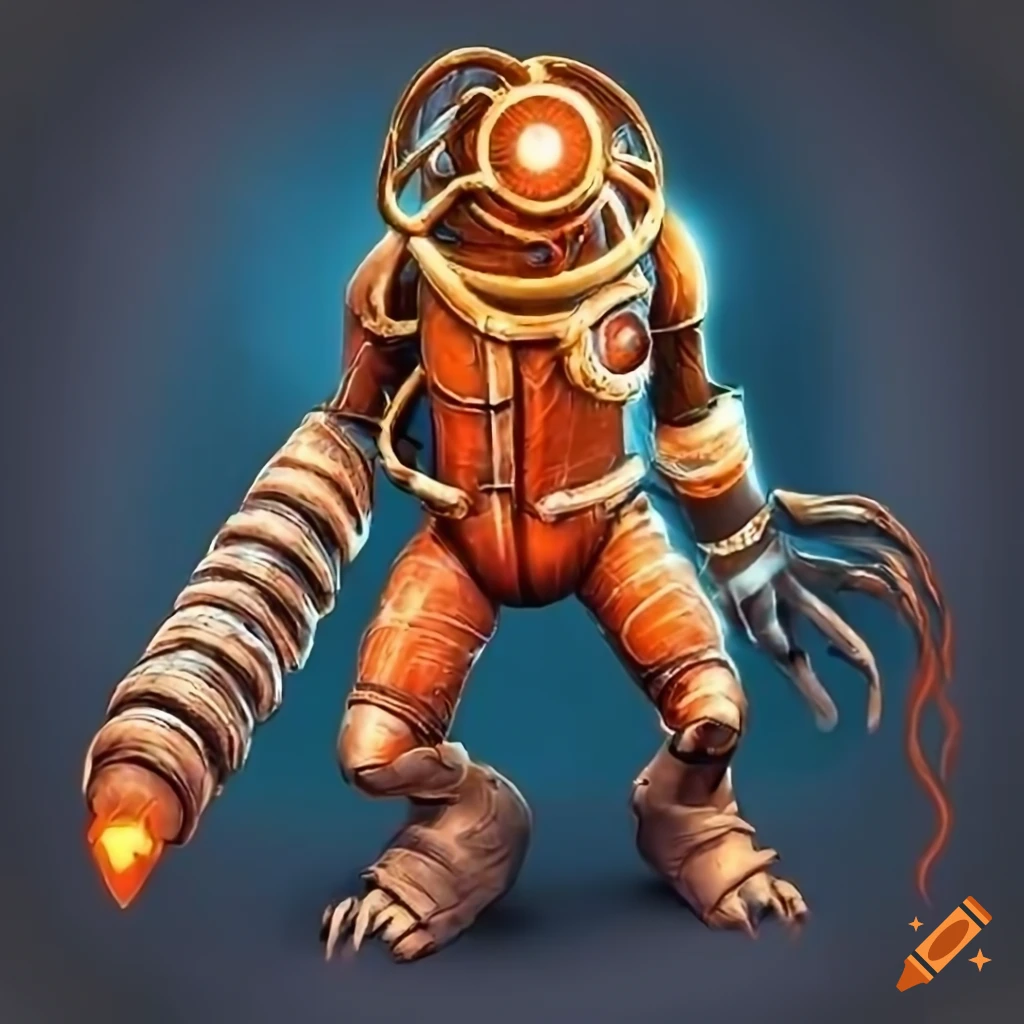 Illustration of Bioshock's Thin Big Daddy in orange bodysuit with ultra ...