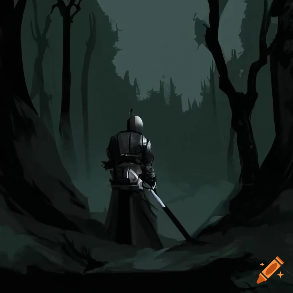 Gothic wounded medieval knight kneeling in a dark forest near a castle ...