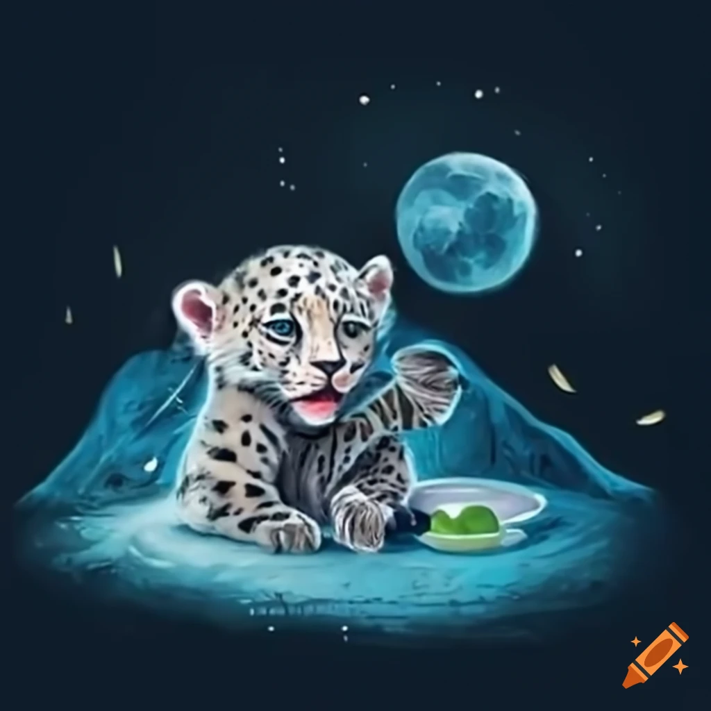 Happy baby leopard holding a bowl under the moon with mountains and a ...