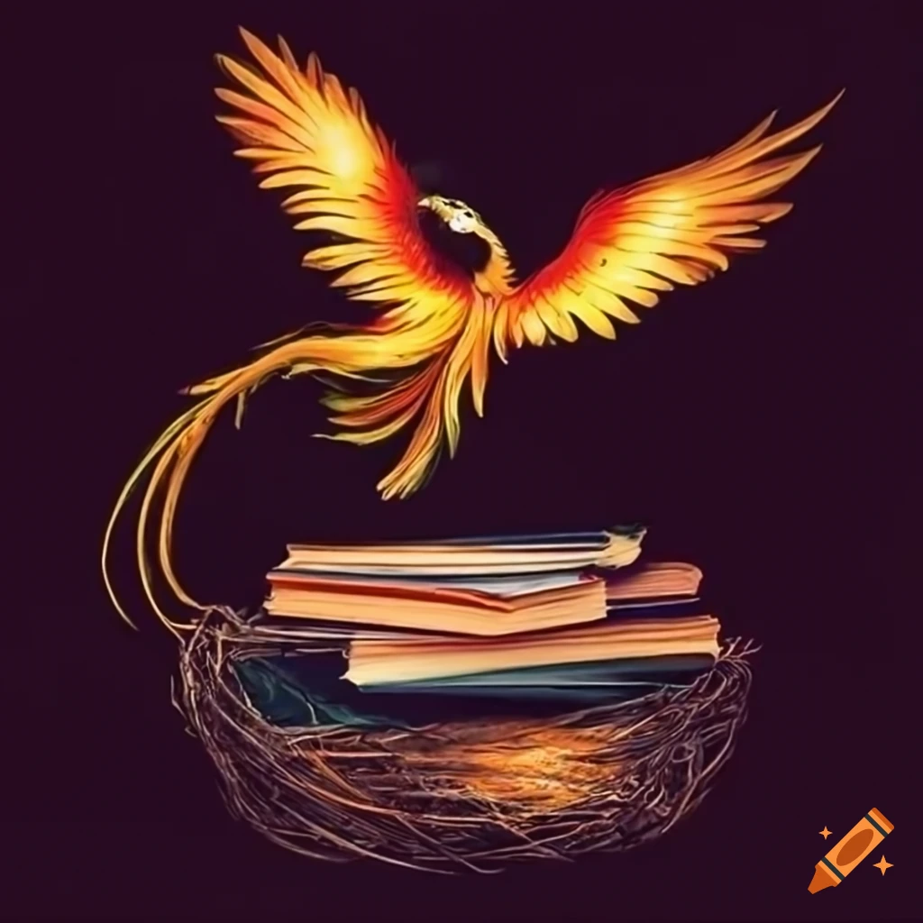 Phoenix bird in a nest surrounded by books on Craiyon