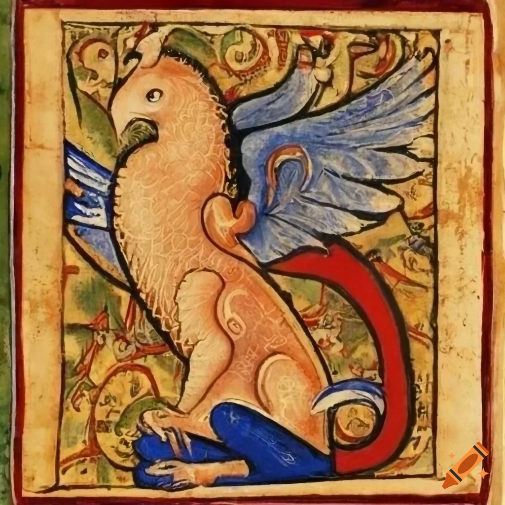 Medieval manuscript with a majestic griffin among oak trees on Craiyon