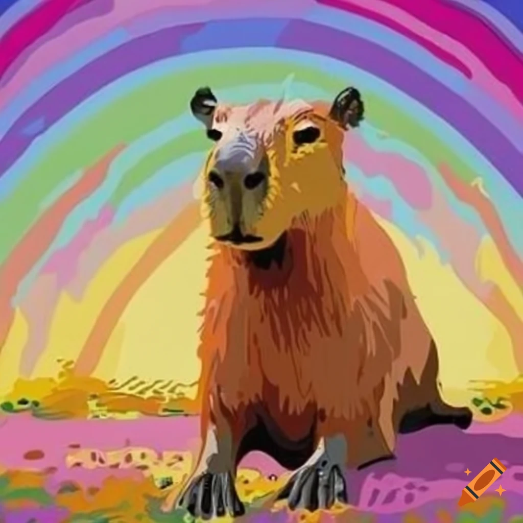 Capybara paint-by-number painting with rainbow background on Craiyon