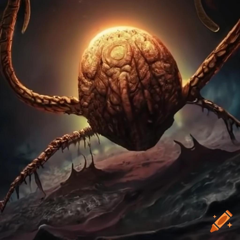 Colossal lovecraftian monster with robot parts orbiting a planet on Craiyon