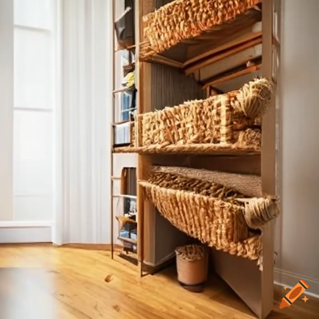 Innovative storage space with coir fiber weaving and recycled materials on Craiyon