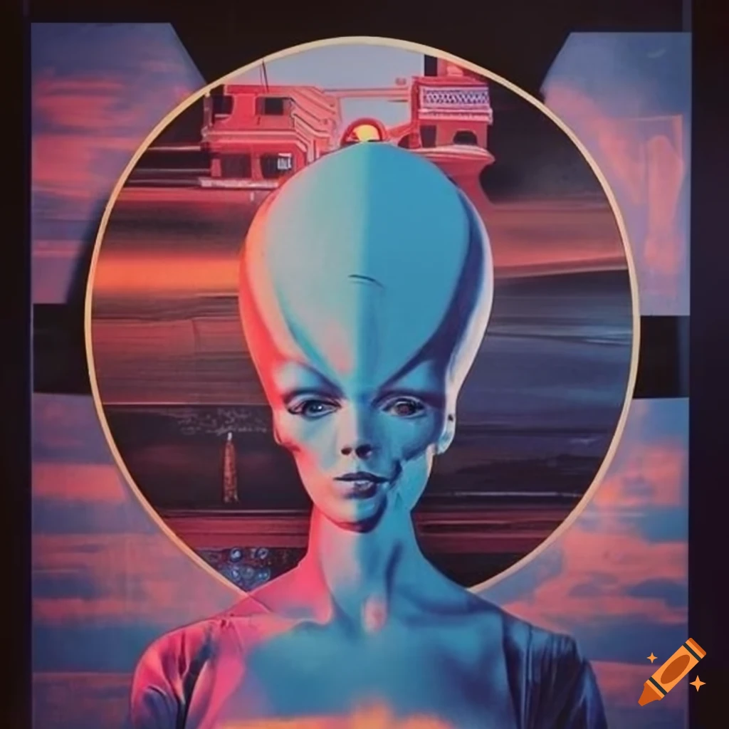 Vintage sci-fi movie poster with peculiar aliens in a factory setting ...