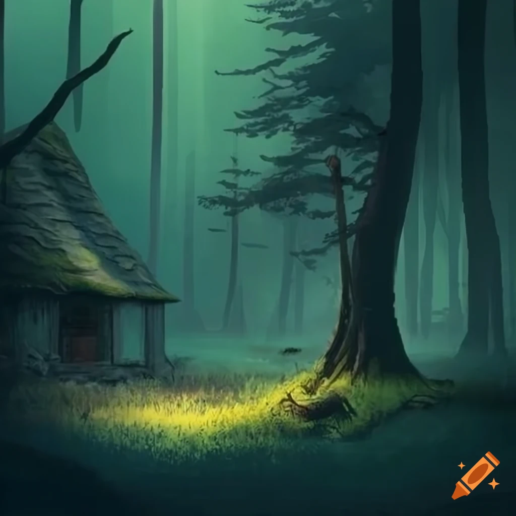 Cottage in a mysterious and unsettling forest setting on Craiyon