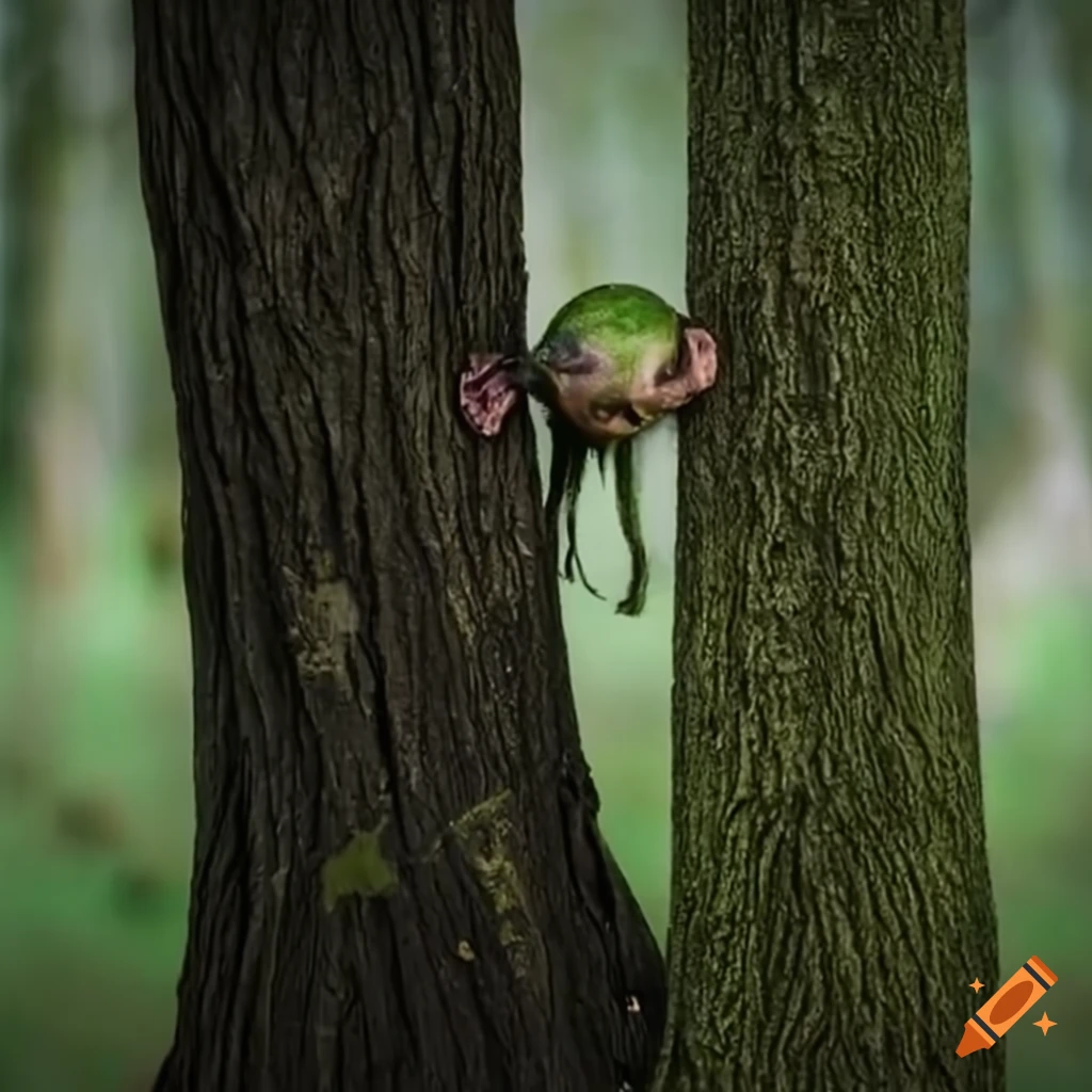 Realistic alien peeking behind a tree on Craiyon