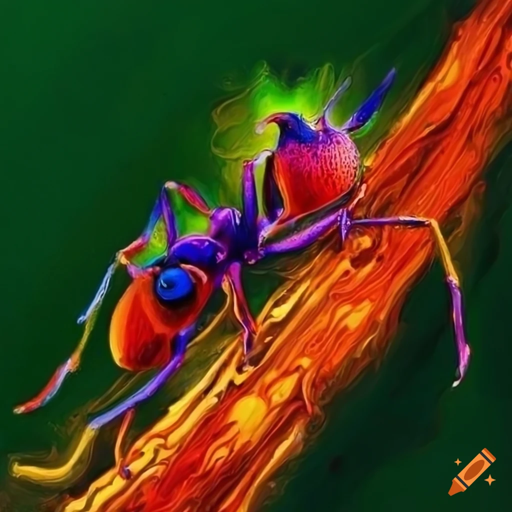 Abstract painting of colorful ant emitting bright colors on Craiyon