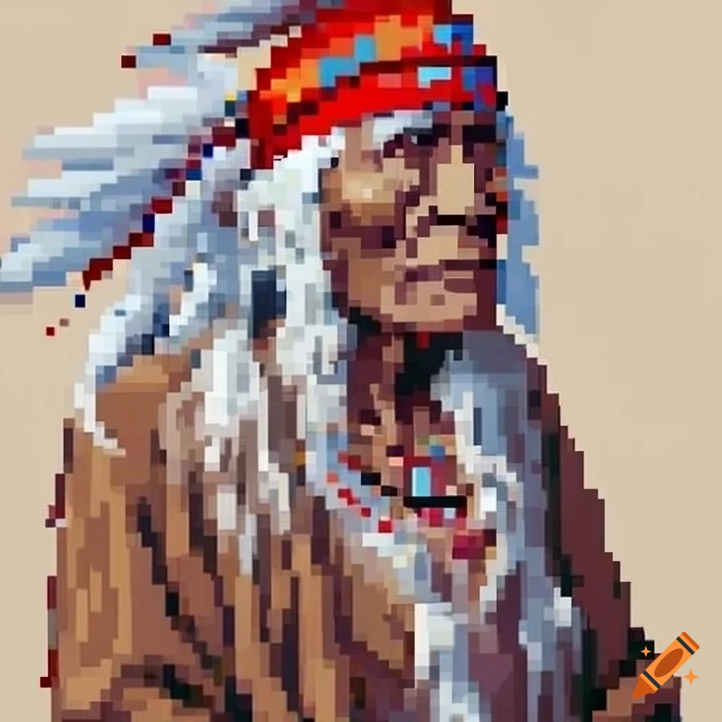 Pixel art of a Native American warchief with red headband and white ...