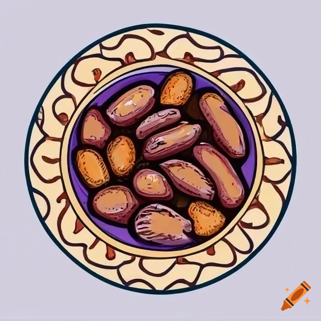 Cartoon style date fruit on an Arabic plate on Craiyon