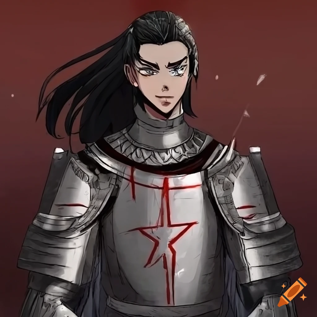 Young man with pear-shaped head in crusader armor, manga style on Craiyon