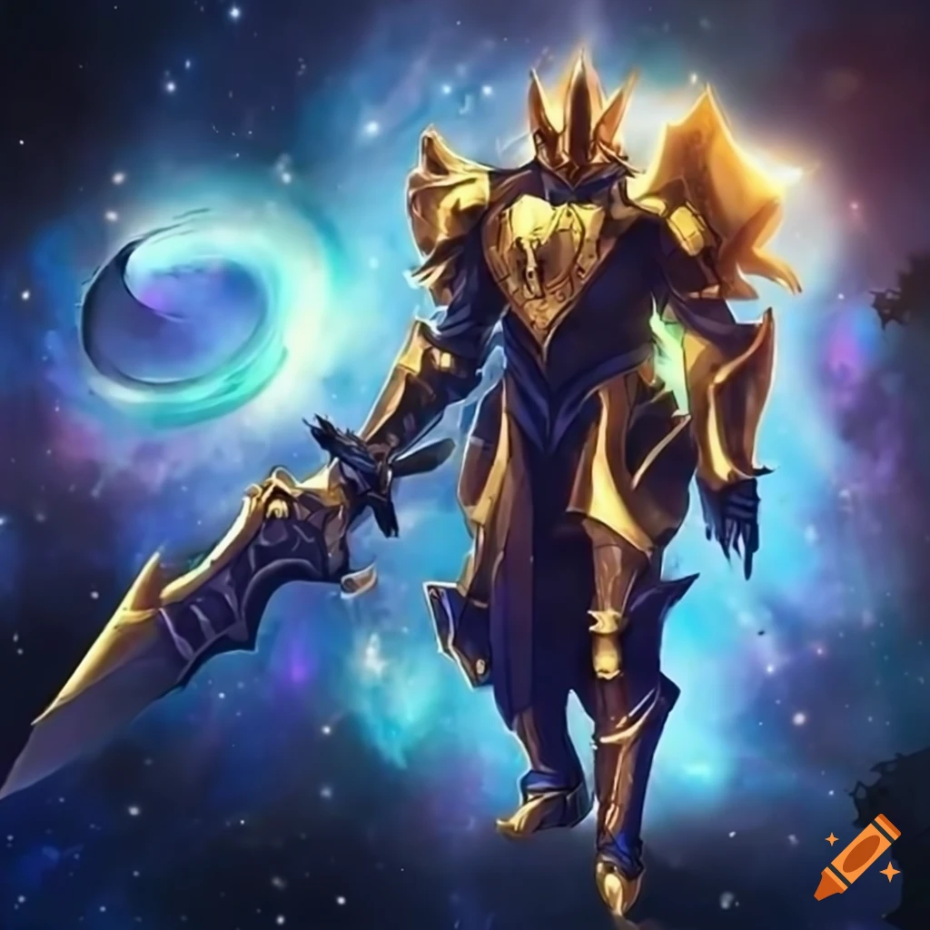 Anime celestial armored knight with demon weapons in galactic space on ...