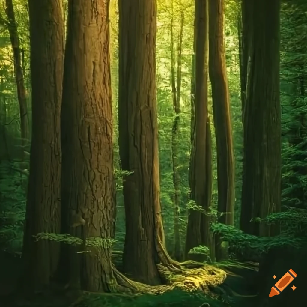 Detailed close-up of tree trunks in a lush forest on Craiyon