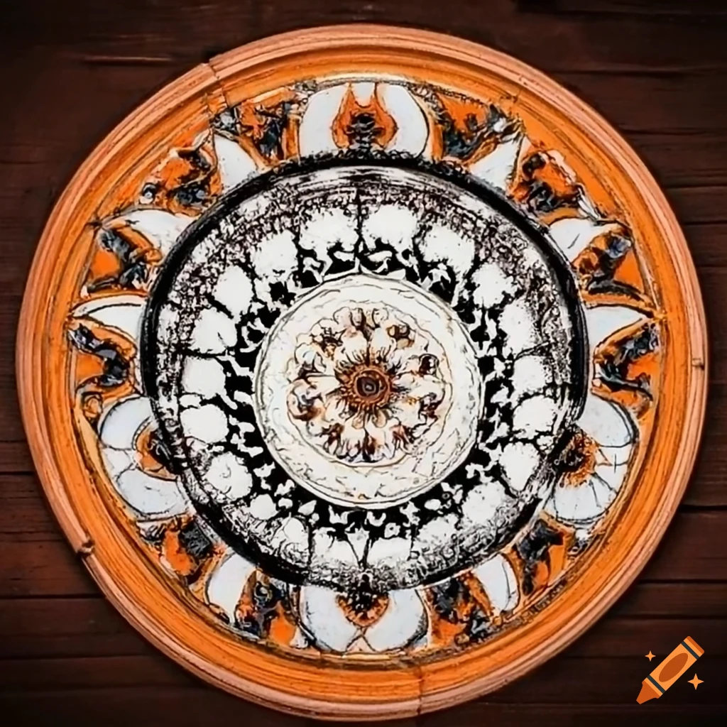 White, orange, and black circular crest design on Craiyon