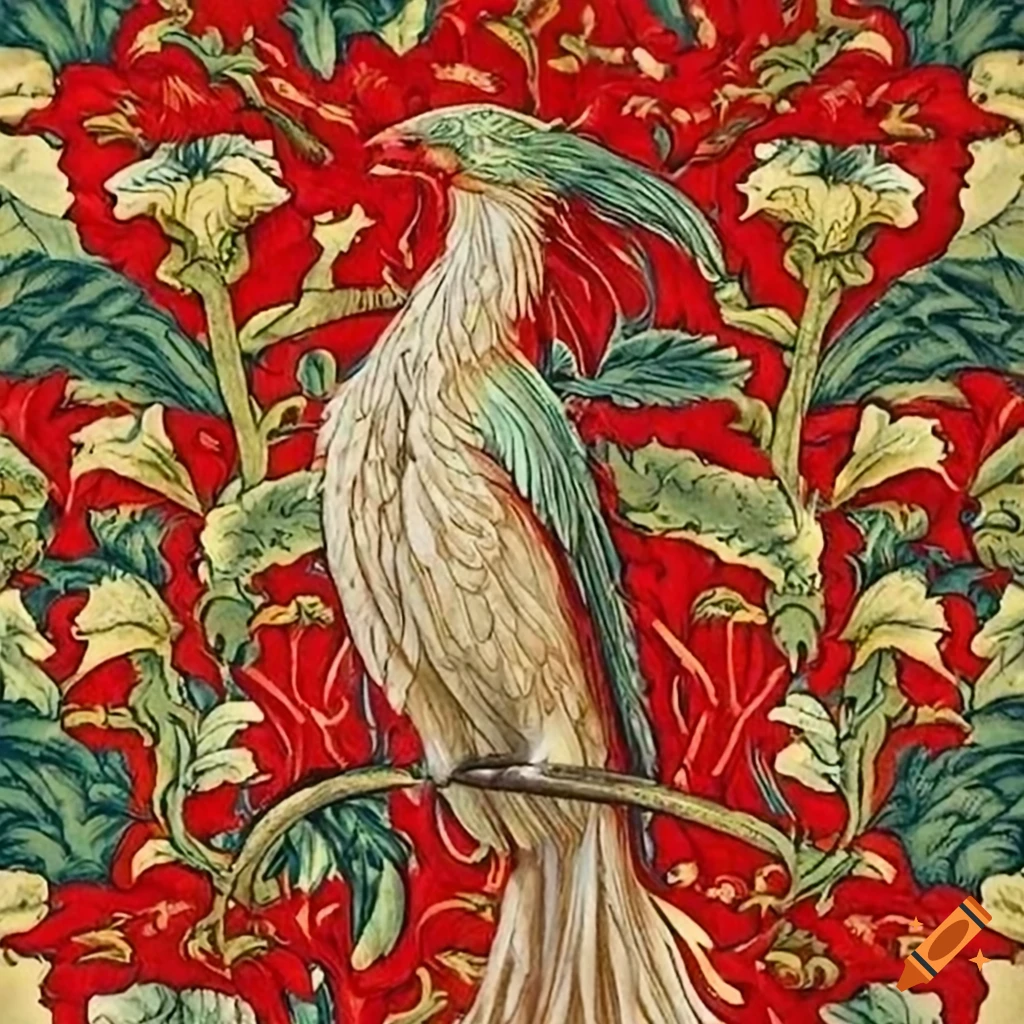 Phoenix design inspired by William Morris' tapestry style on Craiyon