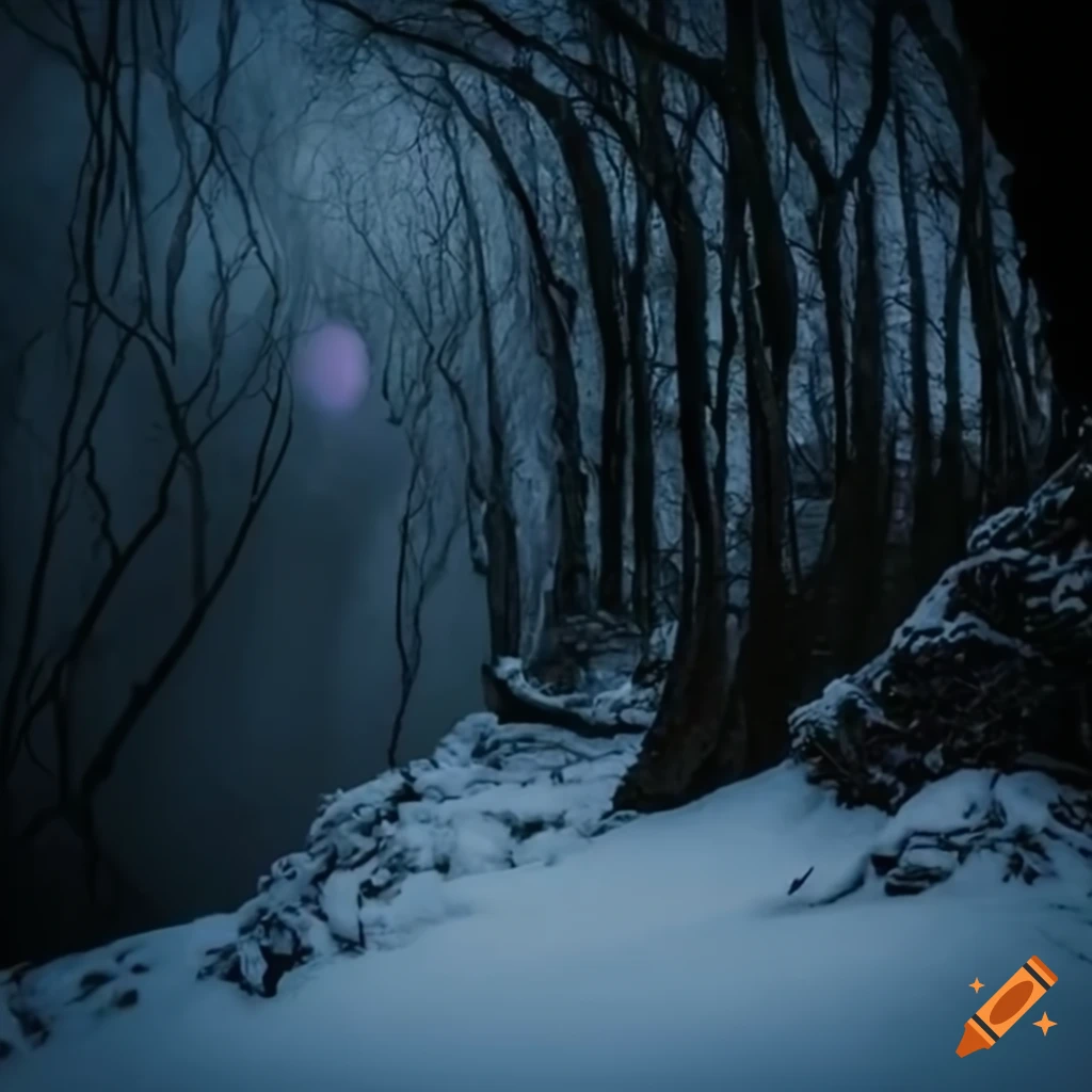 Haunted snowy cave in a dark and scary atmosphere on Craiyon