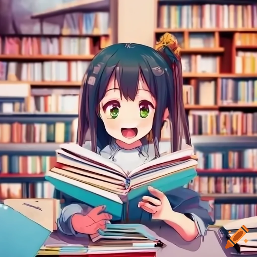 Cheerful Anime girls studying together at an outdoor book market on Craiyon