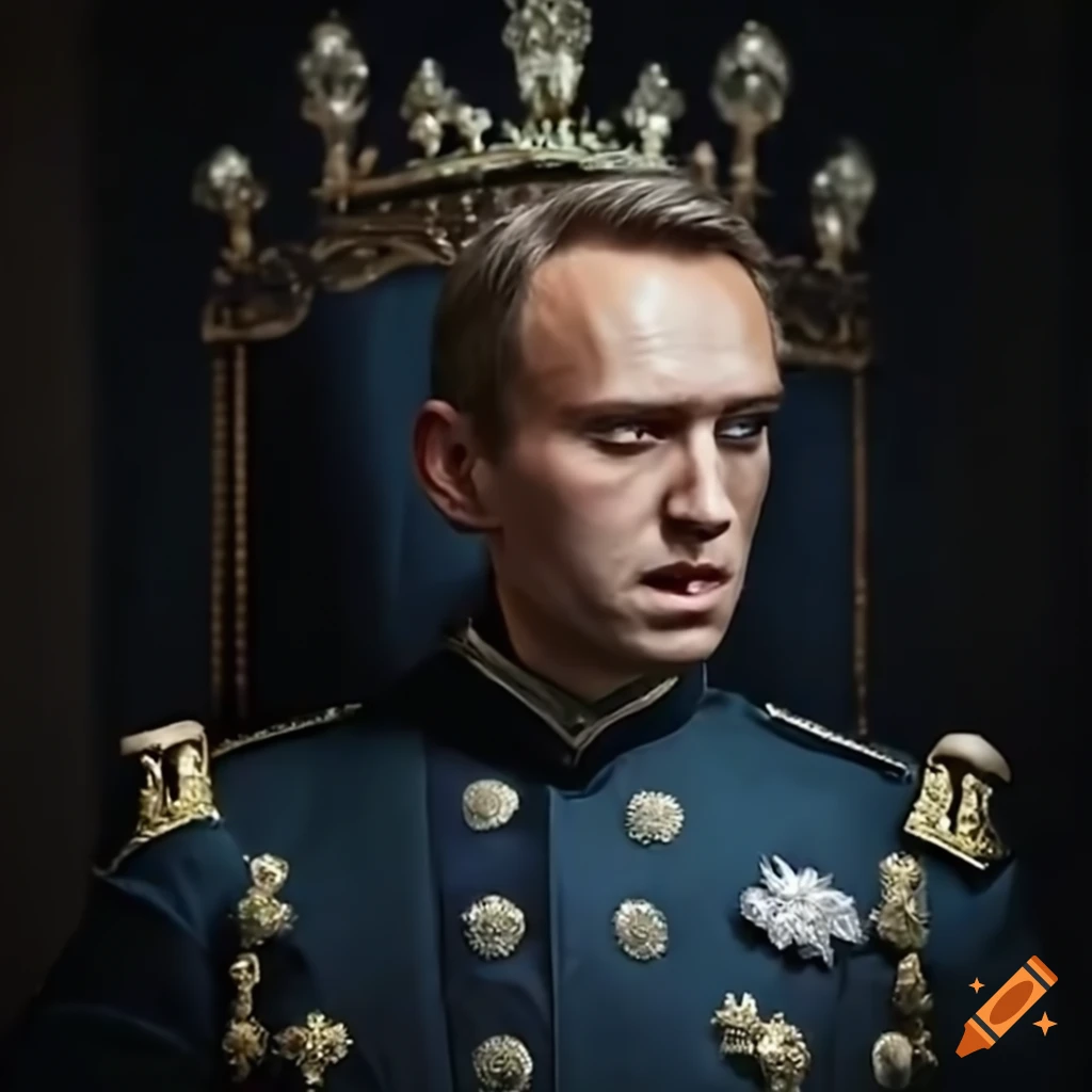 Alexei Navalny seated regally in royal attire exuding confidence on Craiyon