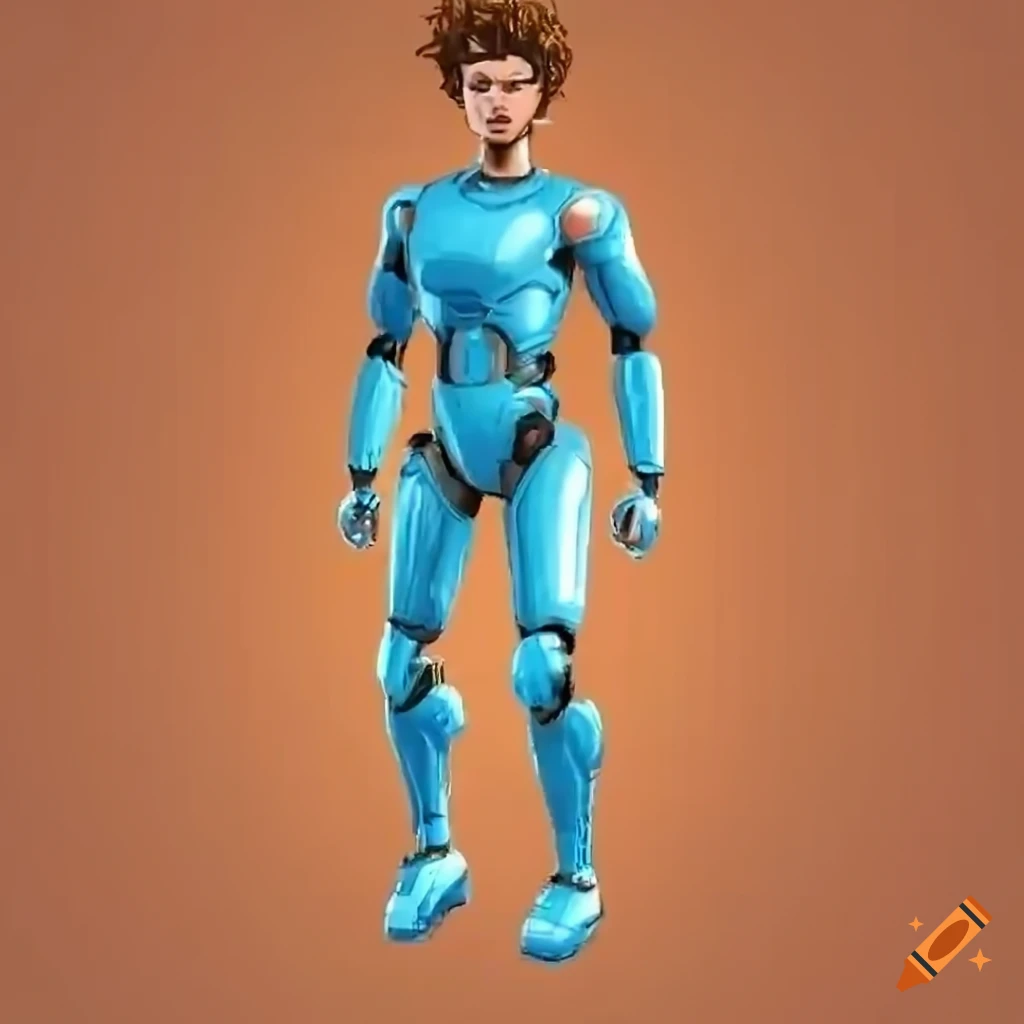Realistic 16-bit male character in a flying robot suit on orange ...