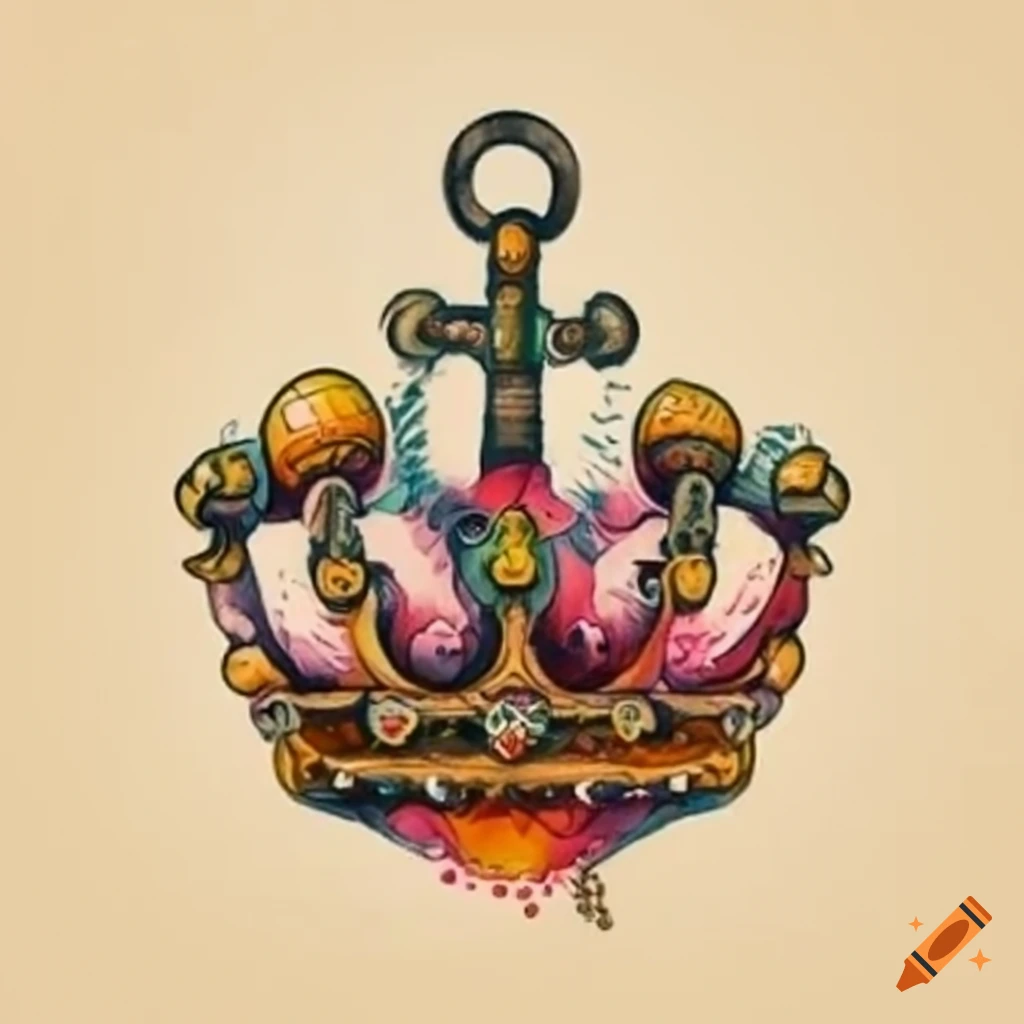 Crown chained to an anchor in sailor jerry traditional tattoo style on ...
