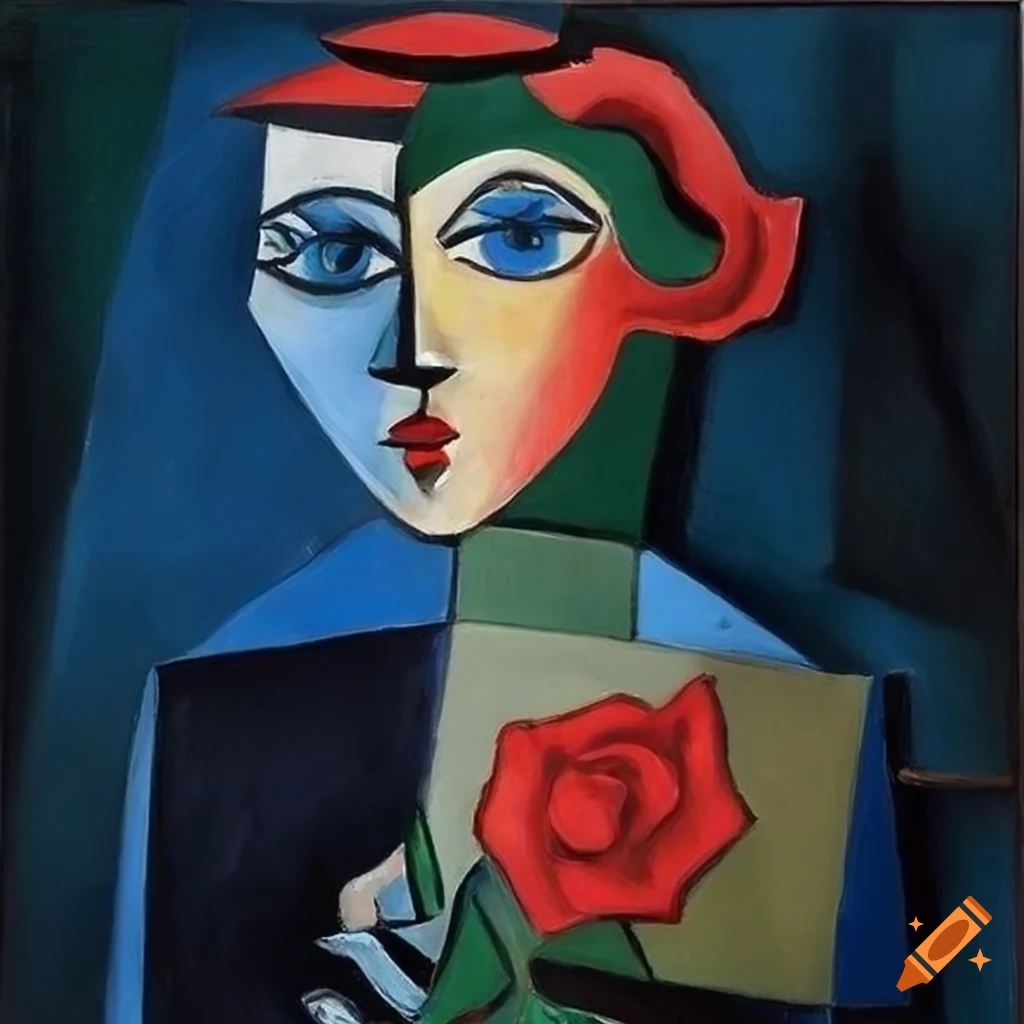 Lady holding a rose in a cubist style painting by picasso on Craiyon