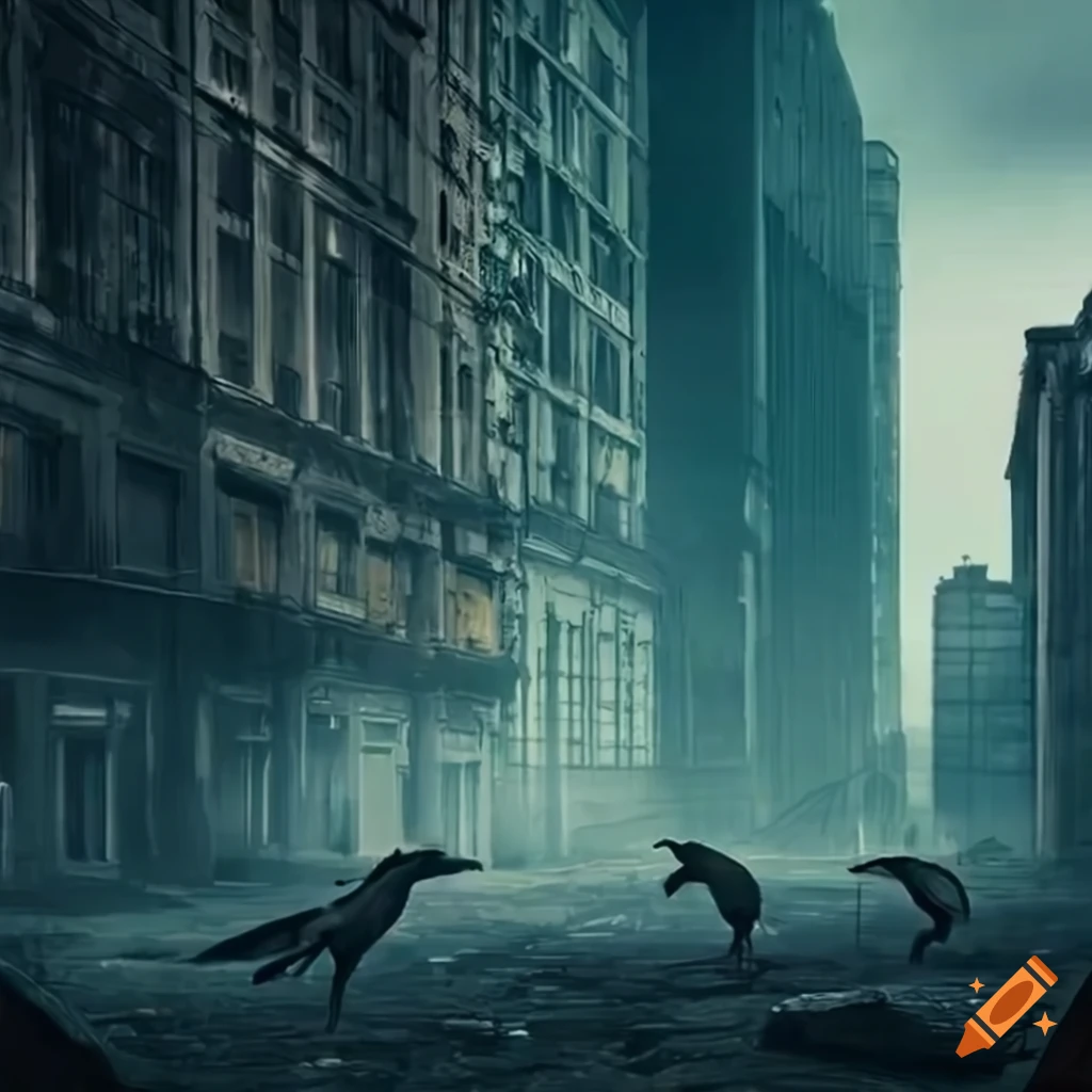 Dystopian cityscape with wild animal and large bird in the sky on Craiyon