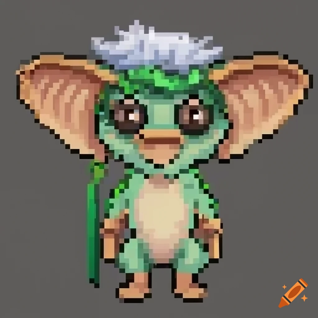 Pixel art of a cute mythical gremlin creature's face on Craiyon