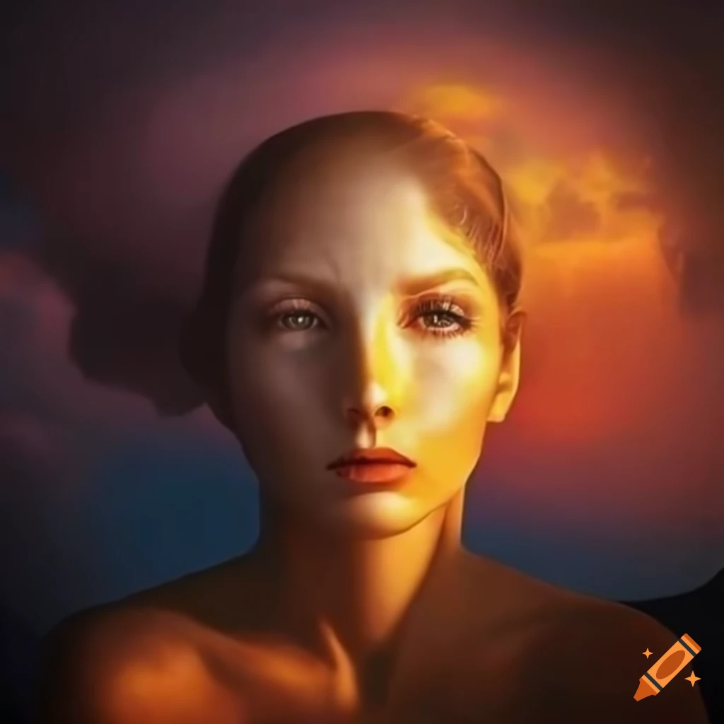 Surrealistic woman's face crying in front of a sunset landscape on Craiyon