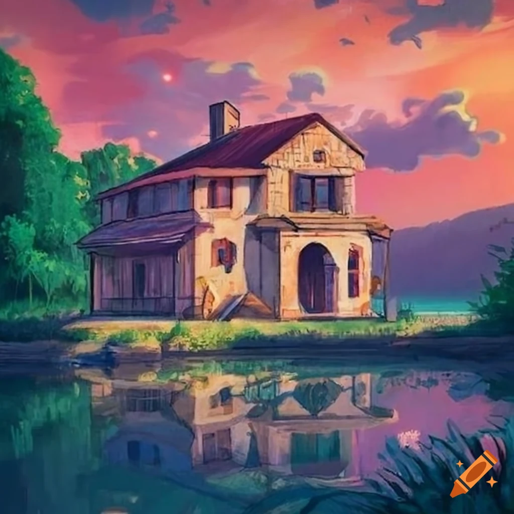 Roman farmhouse with pavilion near a river inspired by Ghibli Howl's ...