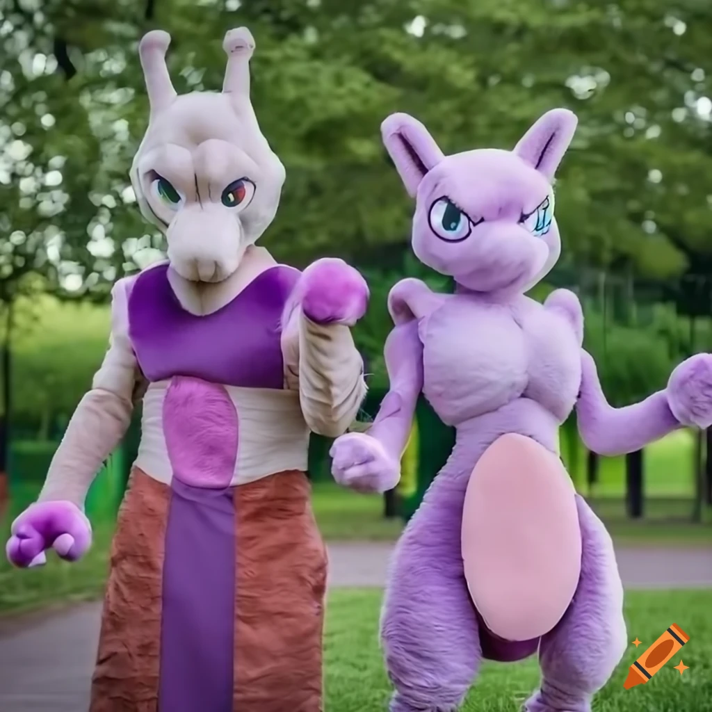 Detail of person in Mewtwo fursuit costume at park on Craiyon