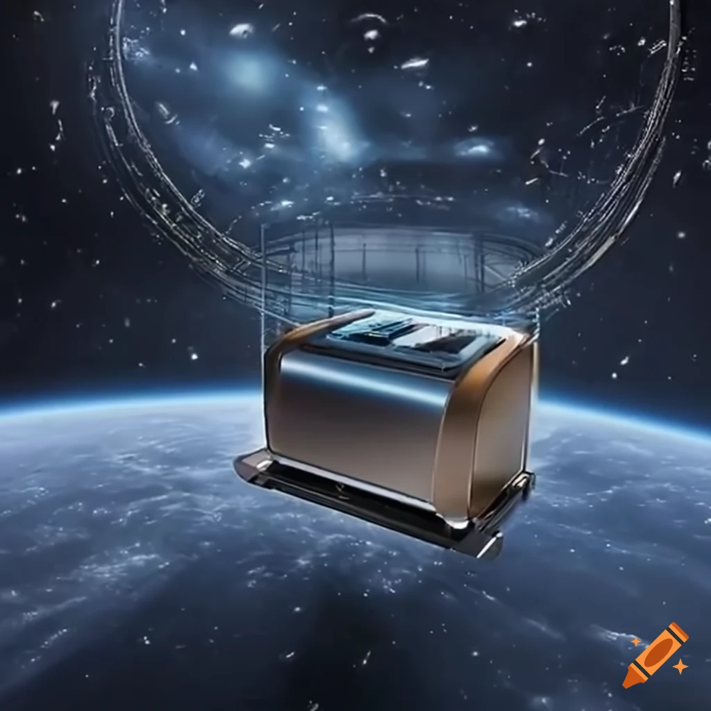 Futuristic toaster suspended in space with electric currents on Craiyon