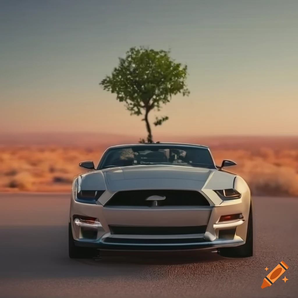 Grey Mustang with tree on top on desert road at sunset on Craiyon