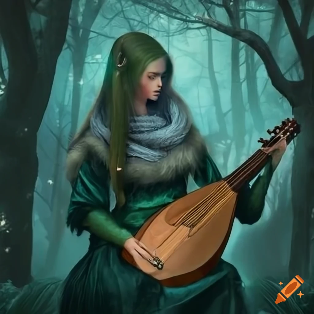 Ethereal elven bard playing a lute in a mystical forest on Craiyon
