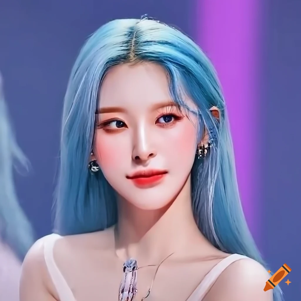 Korean idol with blue hair performing in a concert setting on Craiyon