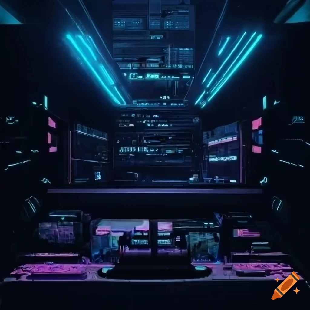 High-definition cyberpunk sci-fi digital hacker room on Craiyon