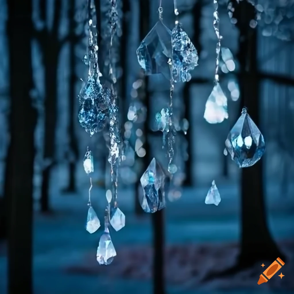 Winter light installation with crystals reflecting light on trees on ...