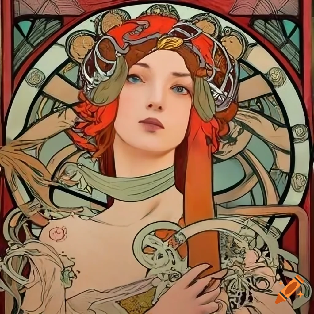 Young woman on a bicycle in the style of alphonse mucha on Craiyon