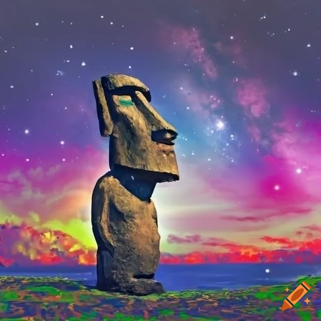 Easter Island Moai on a desert island with a psychedelic galaxy sky on ...