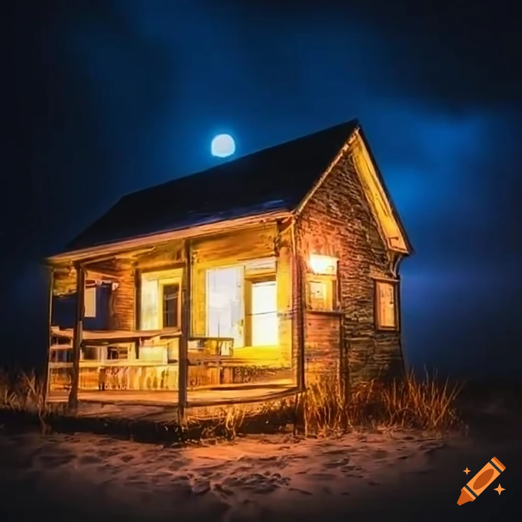 Cozy beach house at night overlooking the ocean with raindrops on the ...