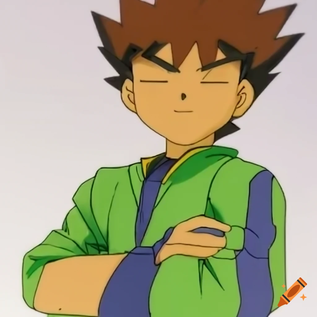 Brock from pokemon with eyes closed in green outfit on Craiyon
