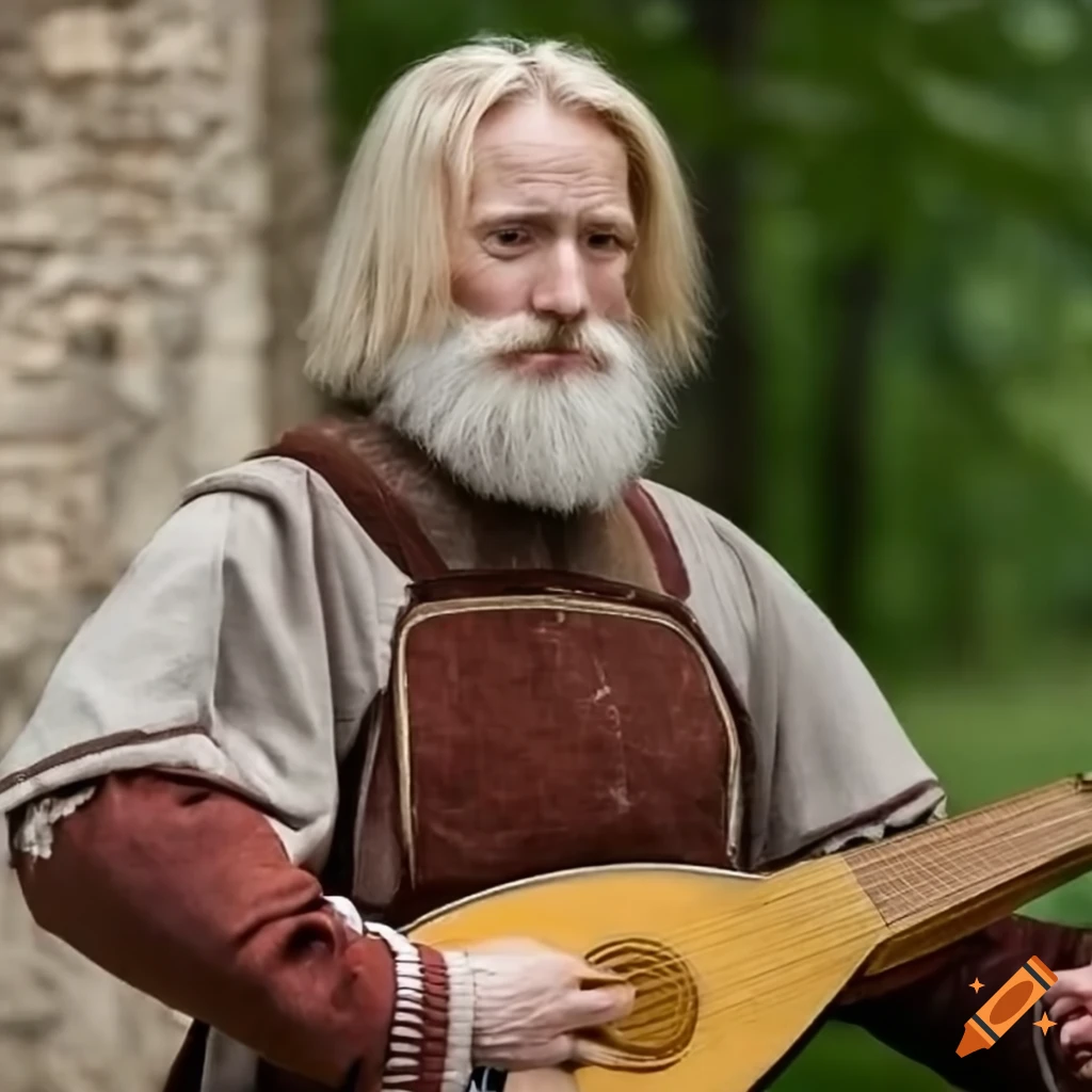 Older male lute player with blonde bob haircut in medieval fantasy ...