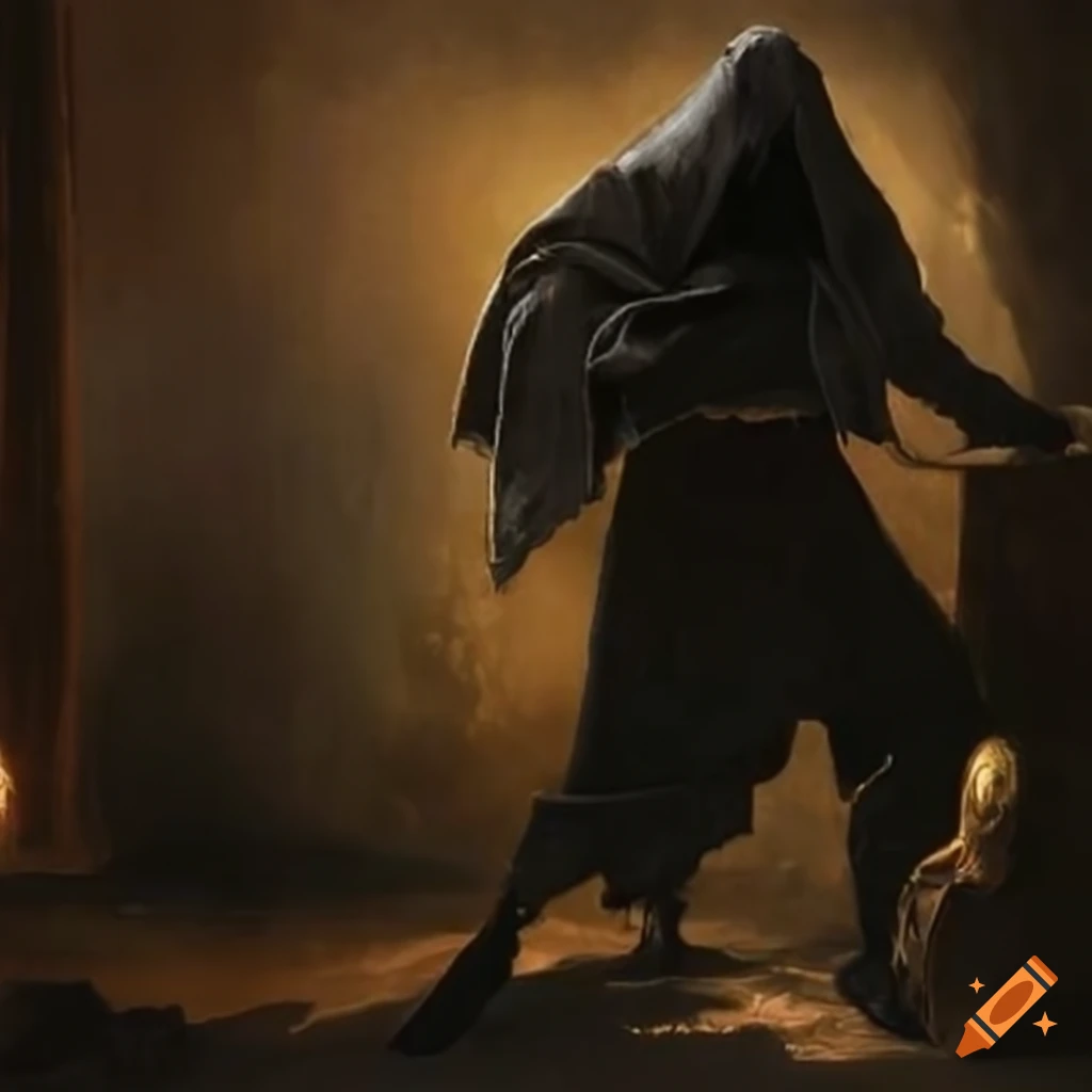 Medieval thief in black clothing hiding in the distance on Craiyon