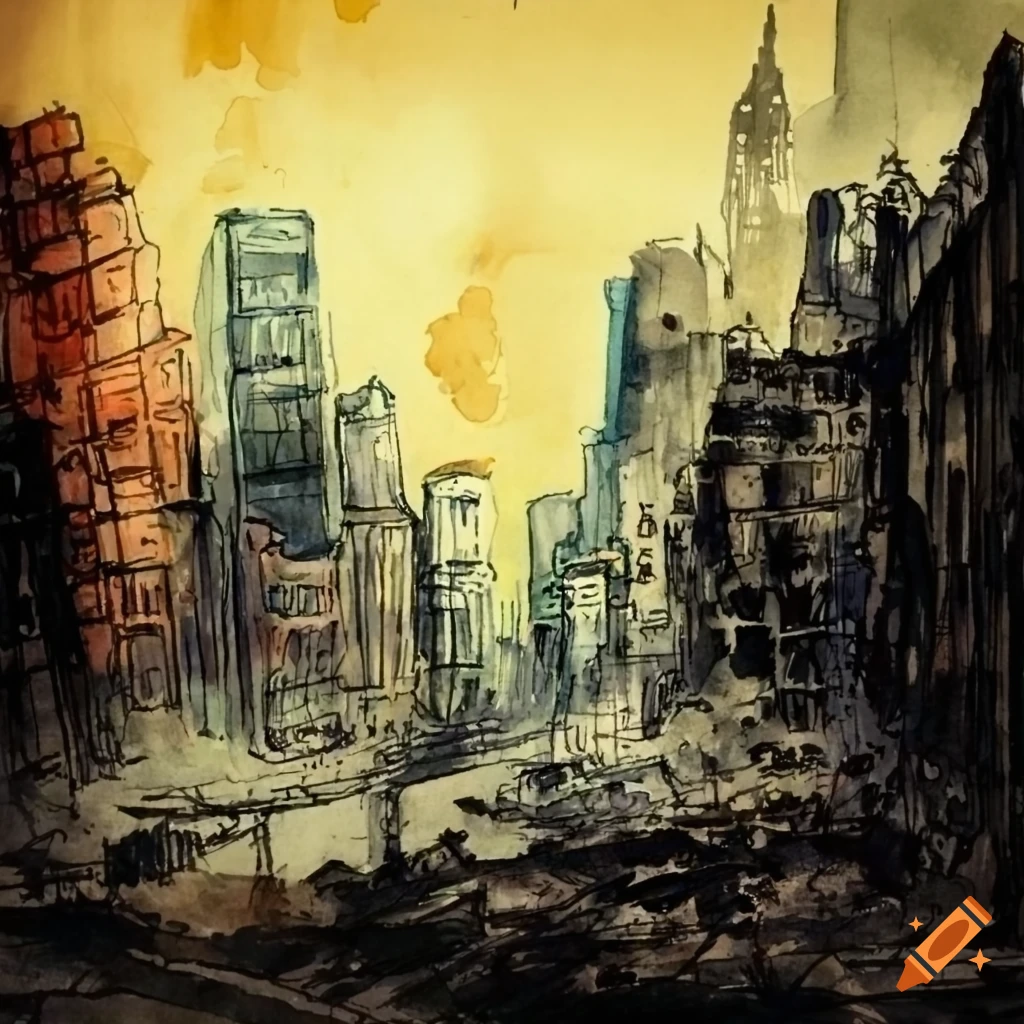 Sketch of an apocalyptic city in watercolor on Craiyon