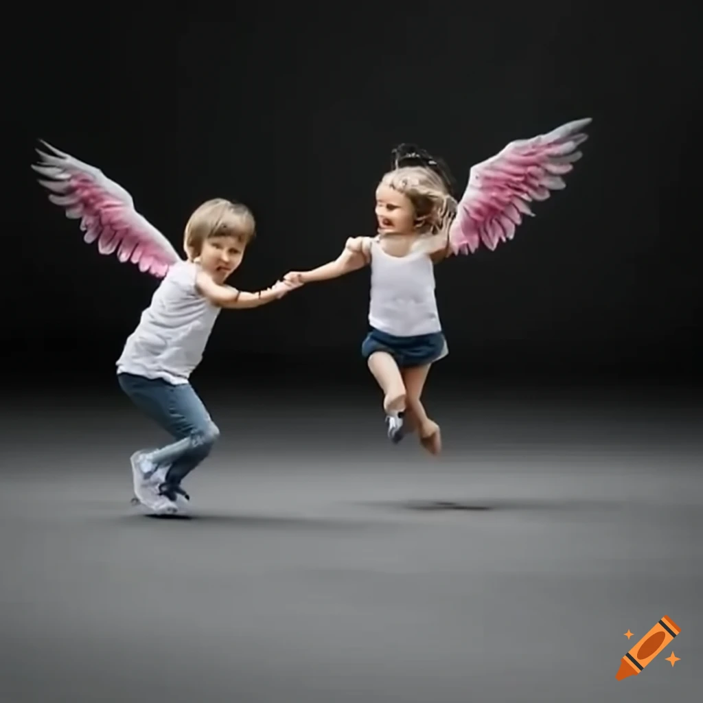 Two children with wings dancing in the air on Craiyon