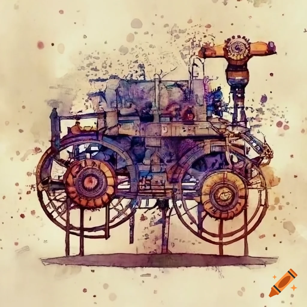 Intricate steampunk vehicle blueprint design on Craiyon