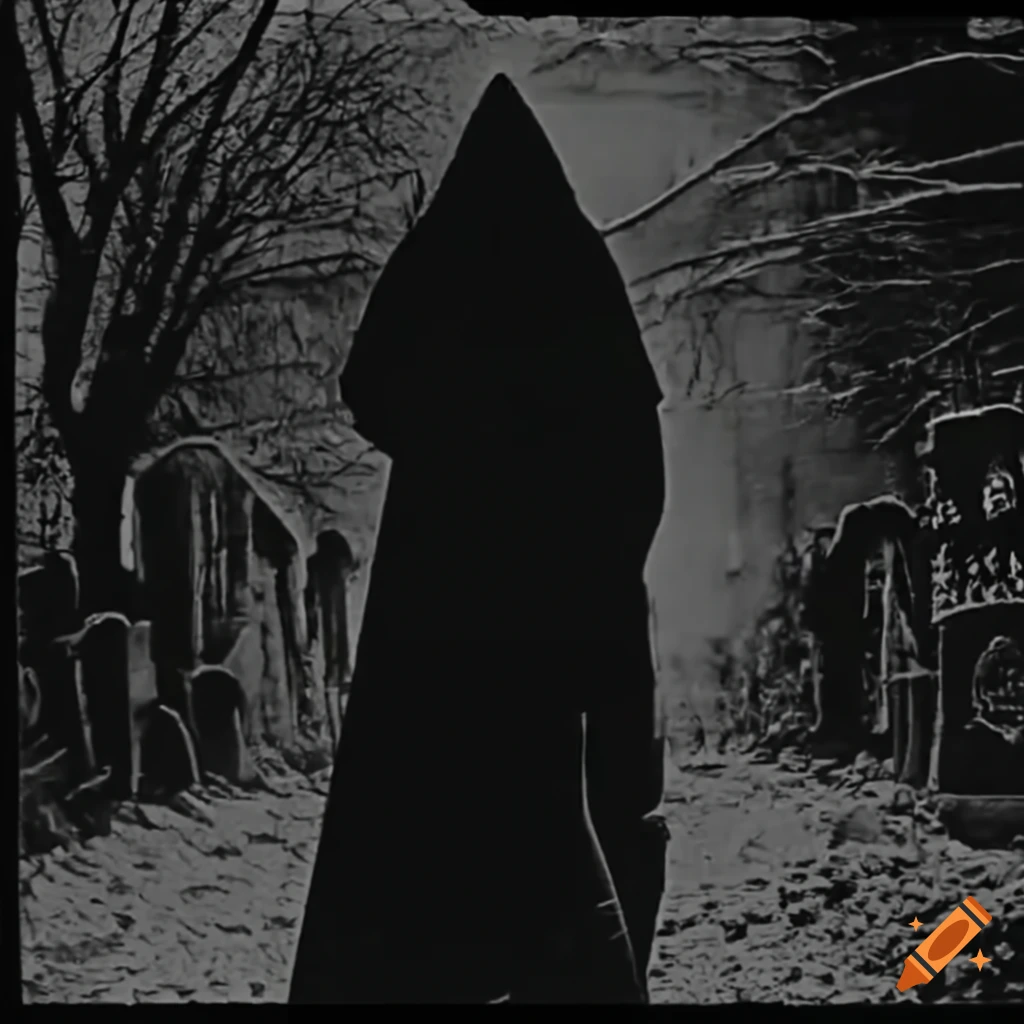 Hooded spectre walking among tombstones in a VHS distortion on Craiyon