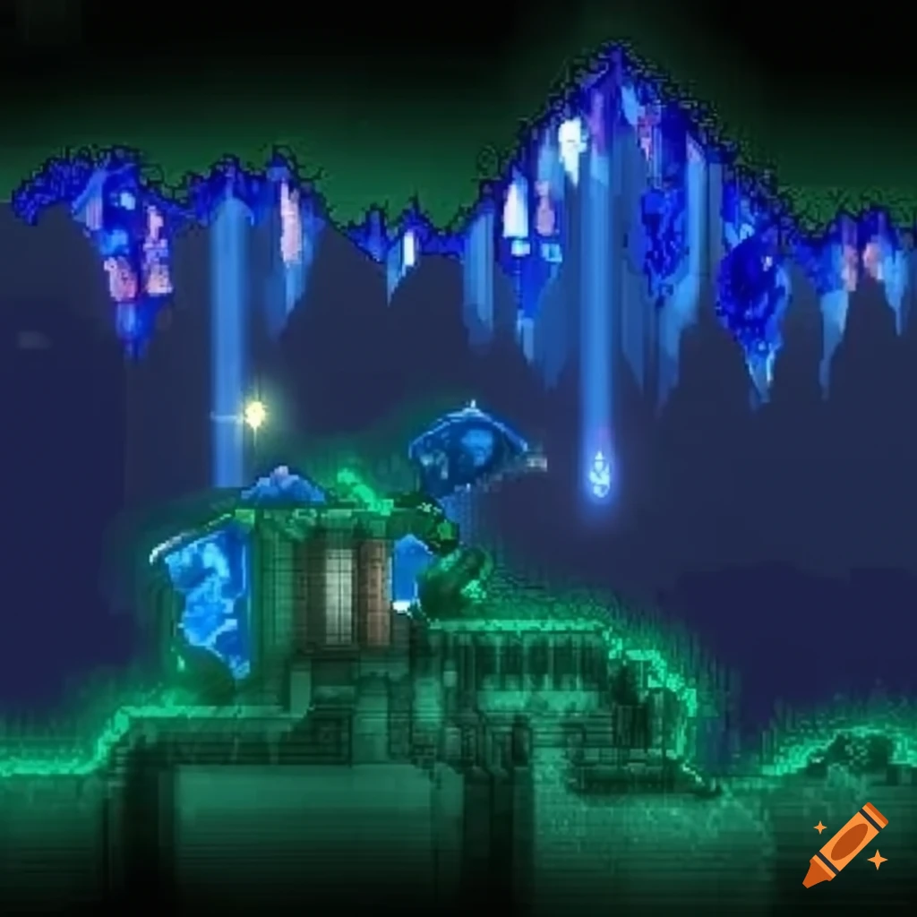 Underground cavern with crystal minerals in a terraria game scene on ...