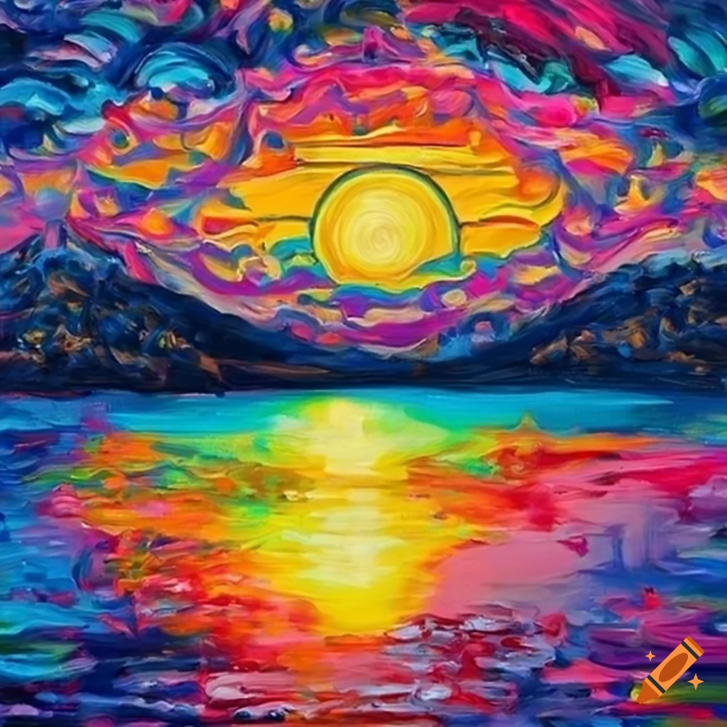 Psychedelic multicolored sunrise over a golden ocean in an oil painting ...